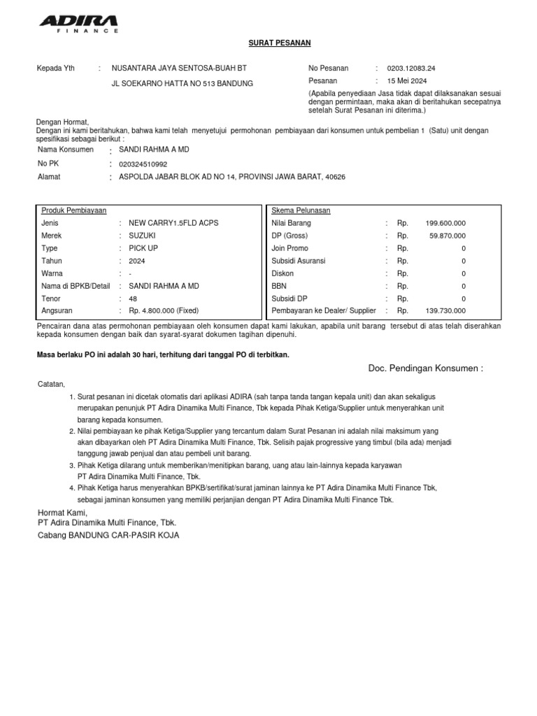Contoh PO Adira | PDF