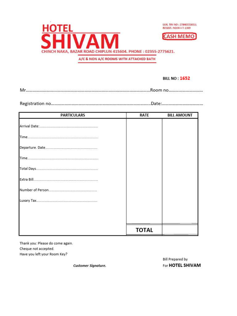 Hotel Bill Format Template | PDF