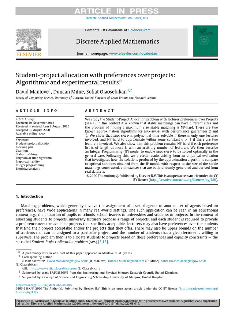 Student-Project Allocation With Preferences Over P | Download Free PDF | Mathematical ...