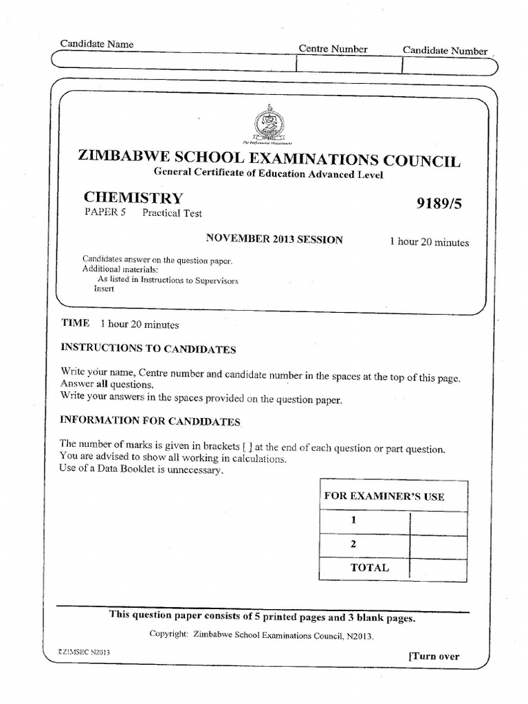 Zimsec A-Level Chemistry QP November 2013 Paper 5 | PDF