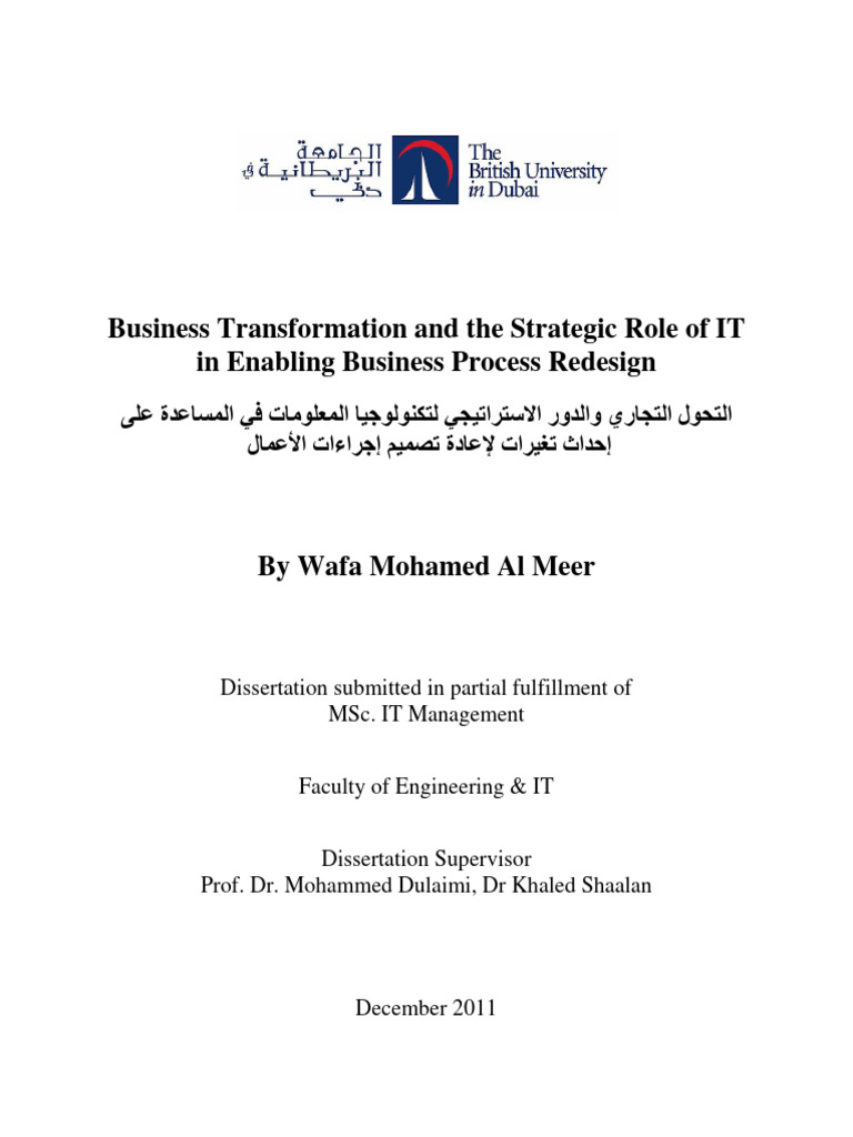 Business Transformation and the Strategic Role of IT in Enabling Business Process Redesign by ...