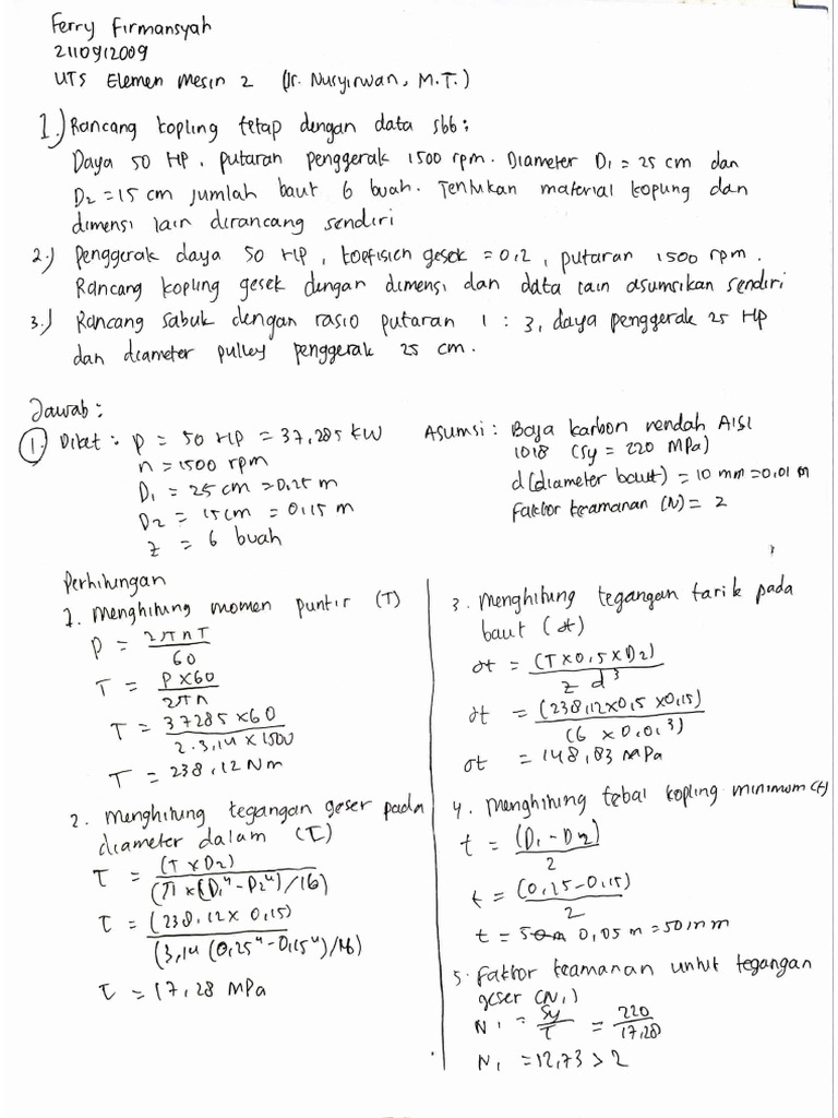 UTS - ELEMEN MESIN 2 - Ferry Firmansyah - 2110912009 | PDF