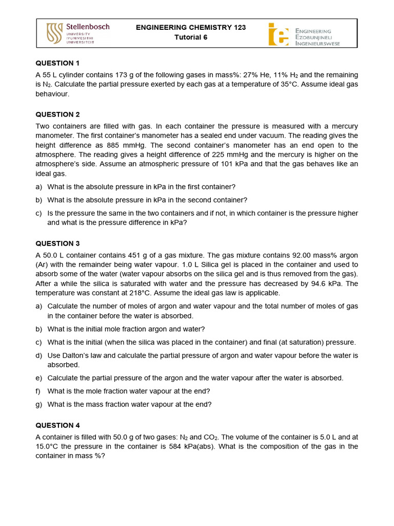 Tutorial 6 (2) | PDF | Gases | Pressure