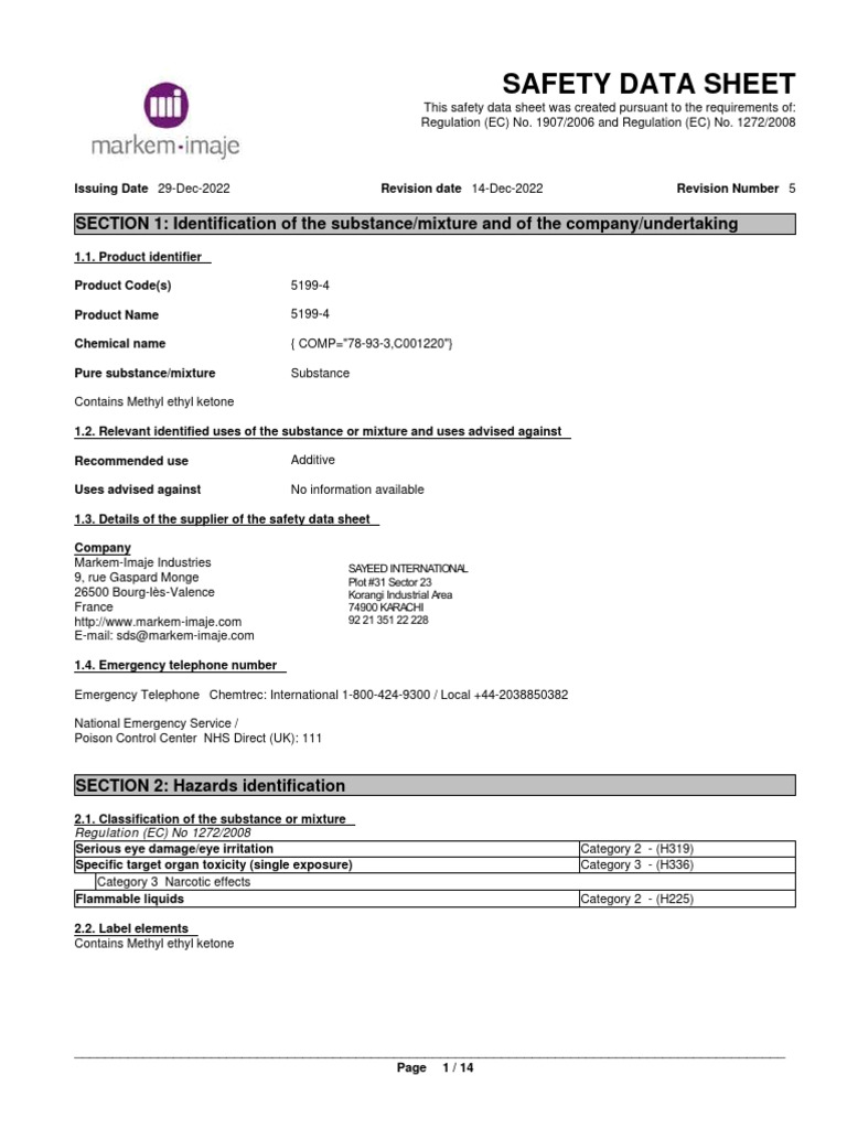 Solvent-Mek-5199-4 - (9040) Imaje MSDS | PDF | Toxicity | Dangerous Goods