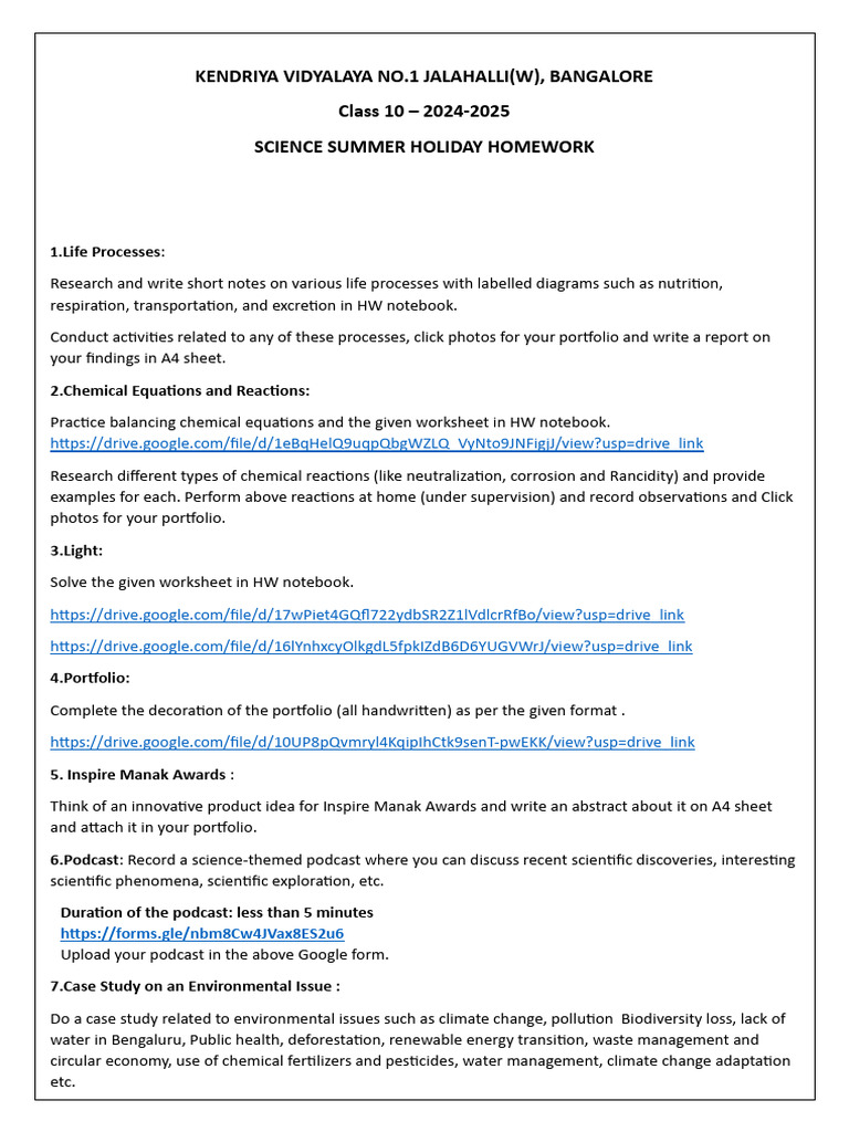 CLASS 10 SCIENCE HHW SUMMER VACATION | PDF