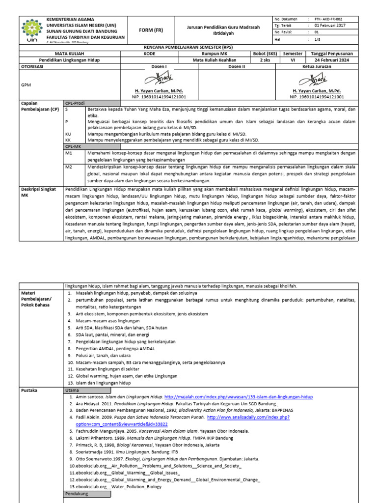 RPS Pendidikan Lingkungan Hidup GENAP 2024 | PDF