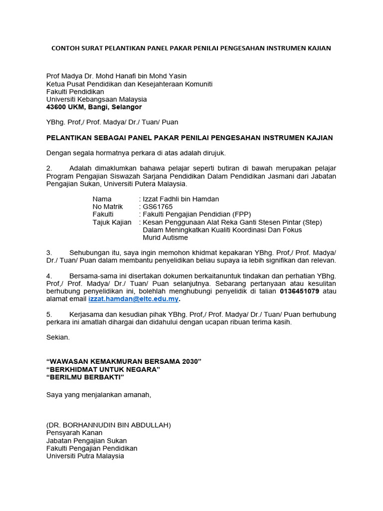 Contoh Surat Pelantikan Panel Pakar Penilaian Pengesahan Instrumen ...