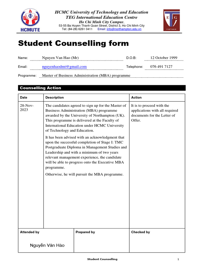 MBA Student Counselling Form | PDF