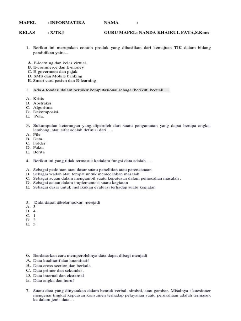 Contoh Soal Informatika Kelas X TKJ | PDF