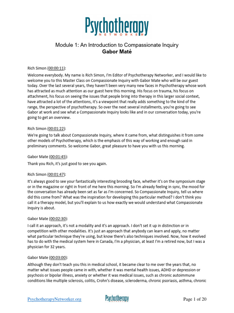 Modules 15 Transcripts Compassionate Inquiry Master Class | PDF | Psychiatry | Psychotherapy