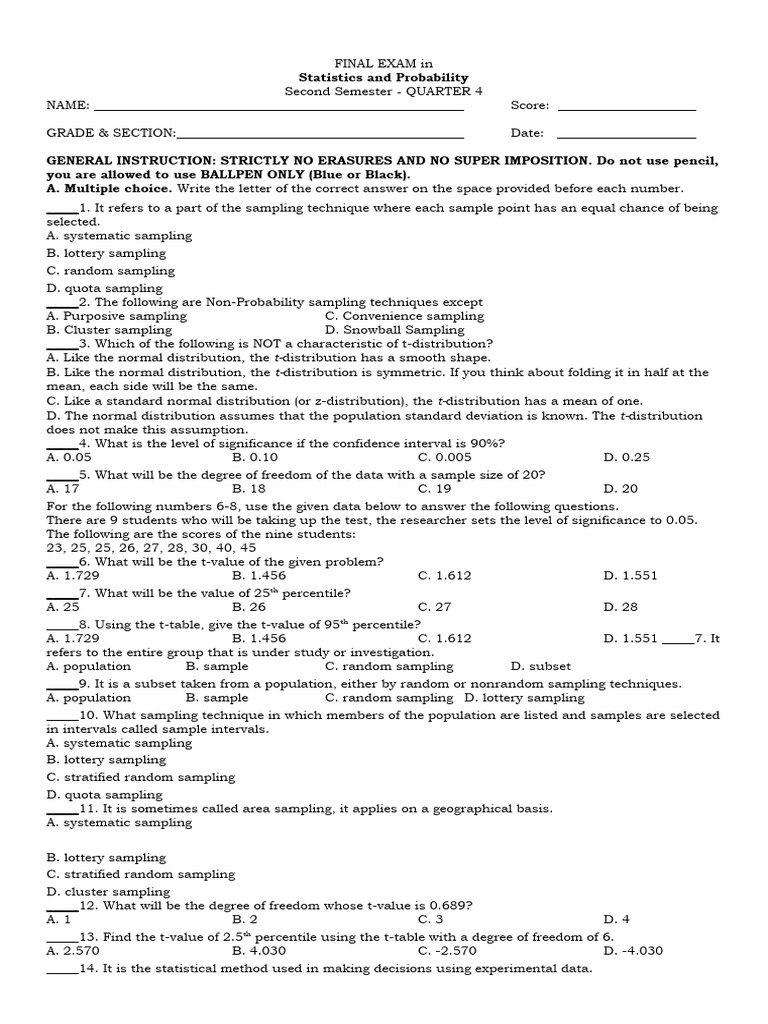 Final Exam in Statistics and Probability Grade 11 | PDF | Sampling ...