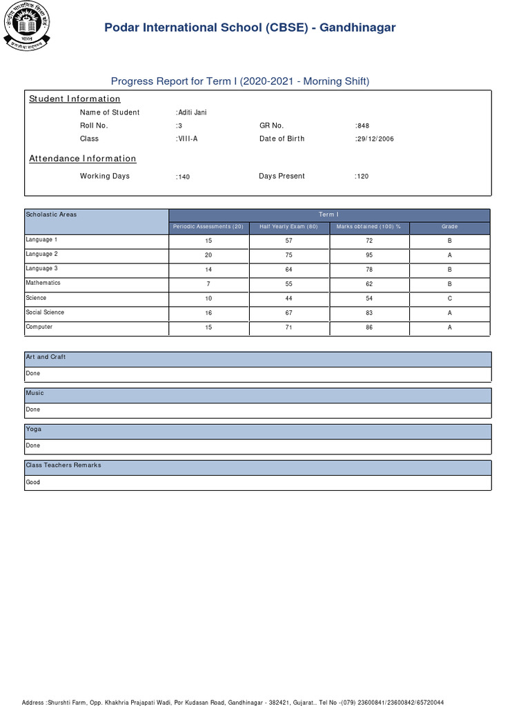 Podar International School (CBSE) - Gandhinagar: Progress Report For ...
