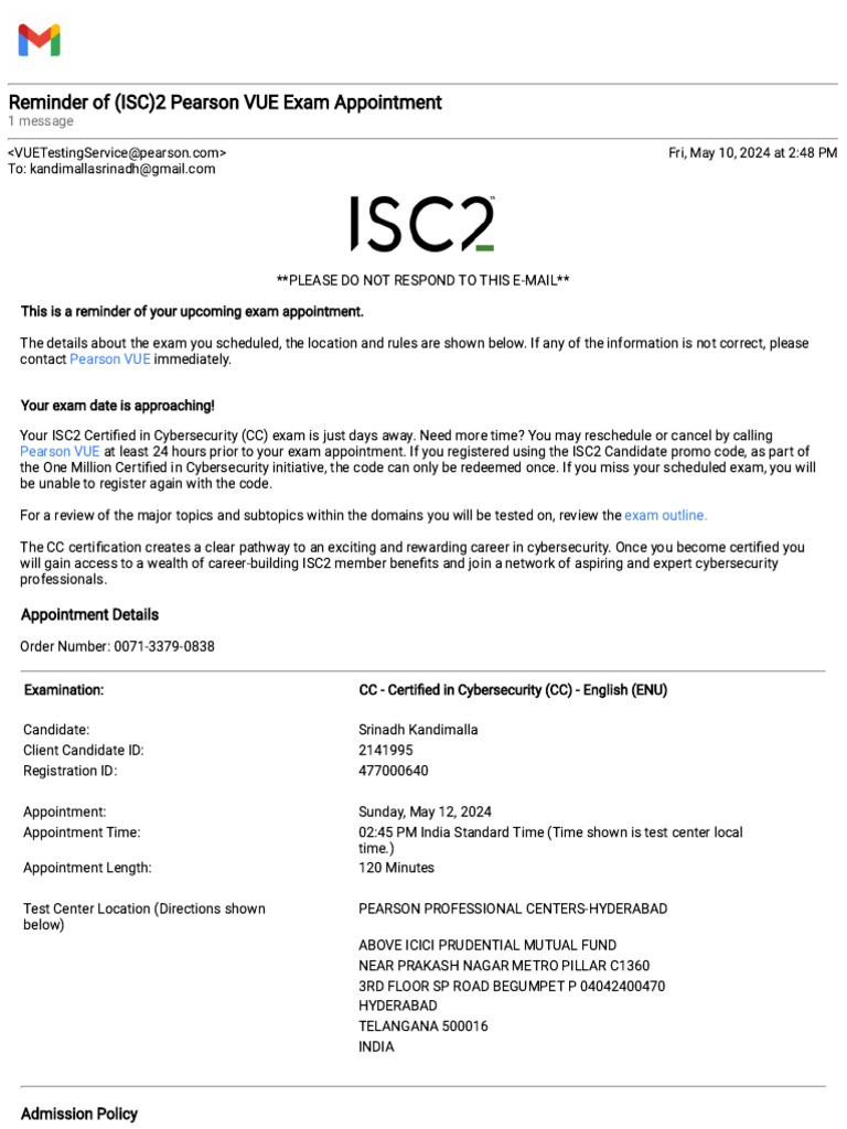 Isc2 Cc-Certified in Cybersecurity Exam Appointment Mail | PDF | Business
