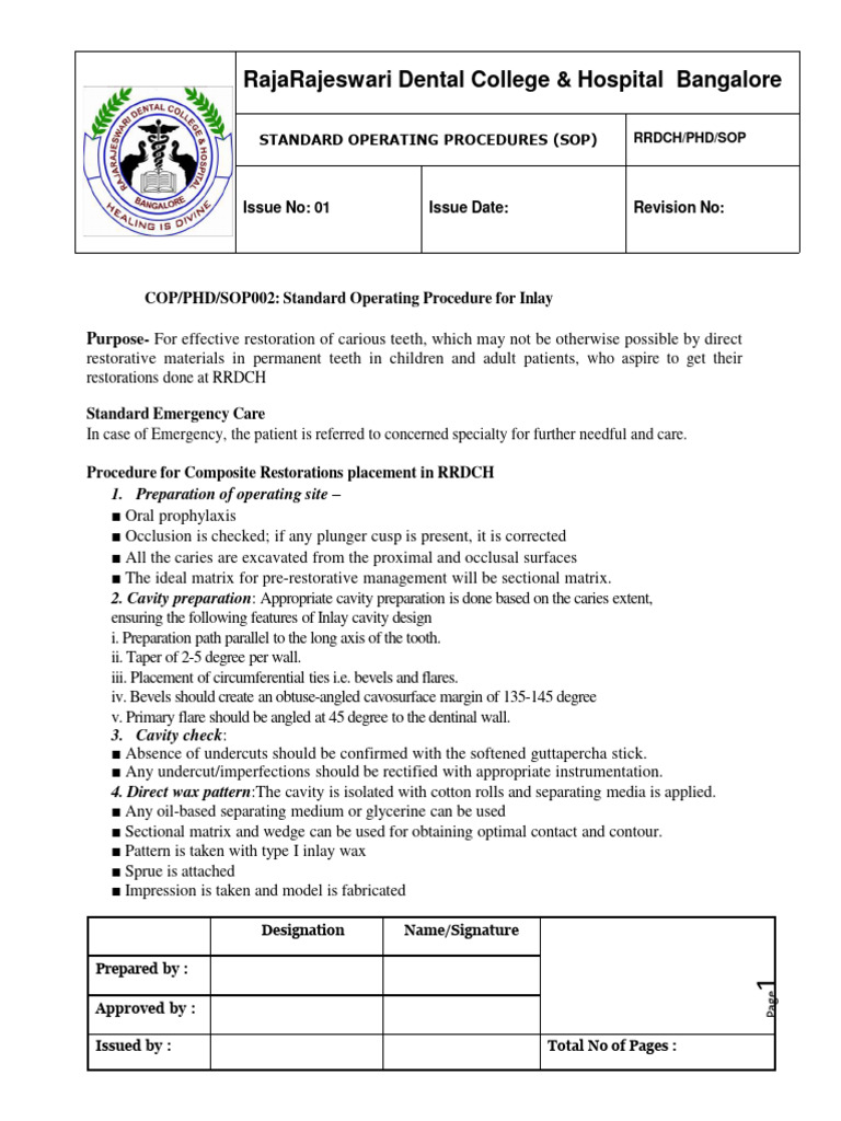 SOP For Inlay | PDF | Dentistry Branches | Medical Specialties