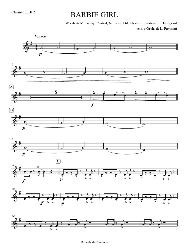 Barbie Girl Sheet Music Clarinet