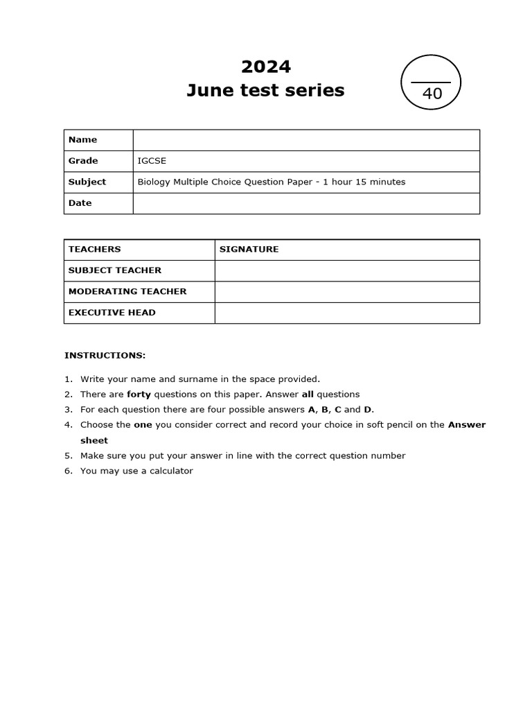 Biology IGCSE - June Test Series Paper 2 MCQ | PDF | Osmosis | Leaf