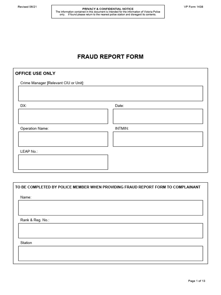 Victoria Police Fraud Report Form | PDF | Crimes | Crime & Violence