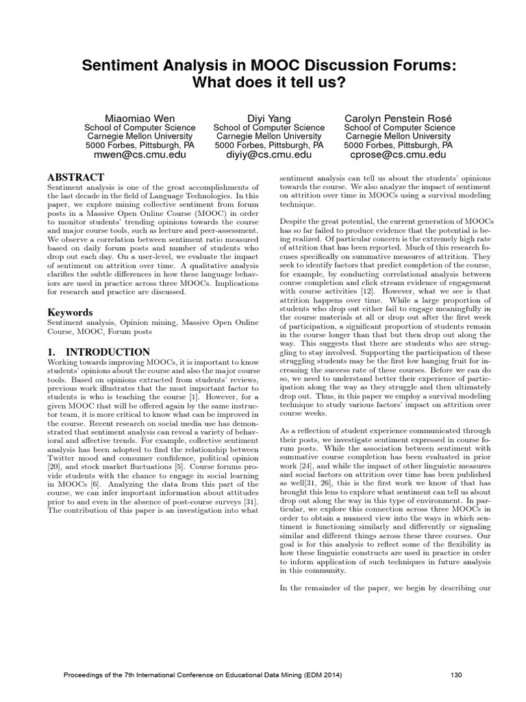 Sentiment Analysis in MOOC Discussion Forums | PDF | Massive Open Online Course | Social Media