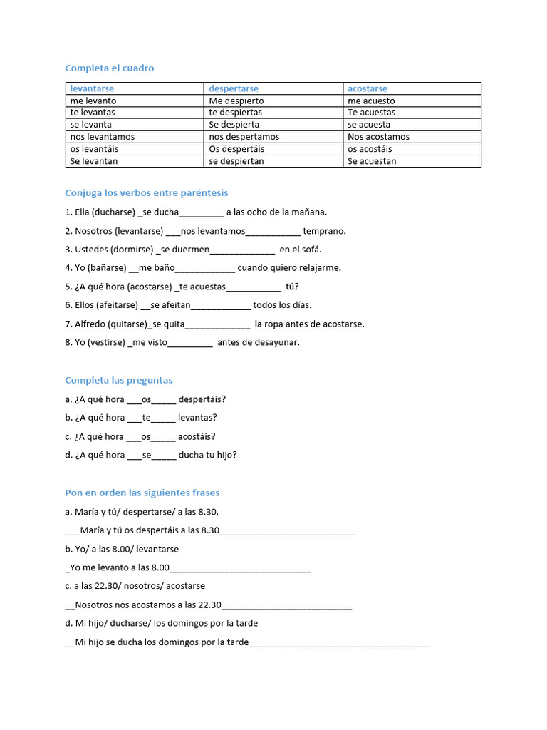 Ejercicios Con Verbos Reflexivos | PDF