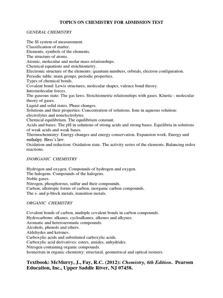 Chemistry Admission Test Topics Guide | PDF | Chemistry | Chemical ...