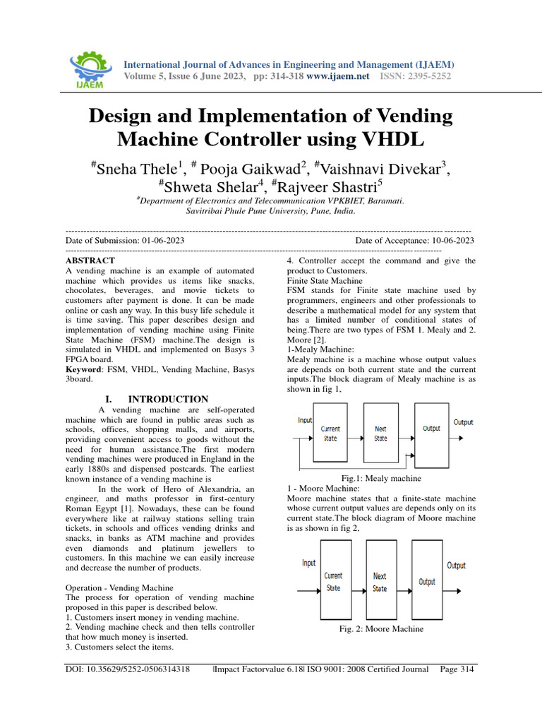 Design and Implementation of Vending Machine Controller Using VHDL | PDF | Vending Machine