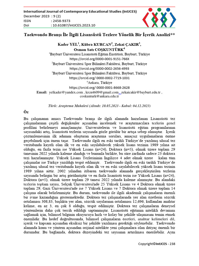 1295429-Taekwondo Branşı İle İlgili Lisansüstü Tezlere Yönelik Bir ...
