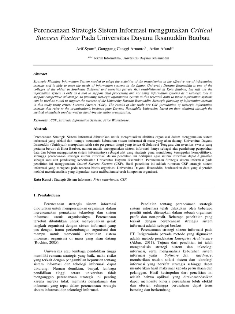 Success Factor Pada Universitas Dayanu Iksanuddin Baubau: Perencanaan Strategis Sistem Informasi ...