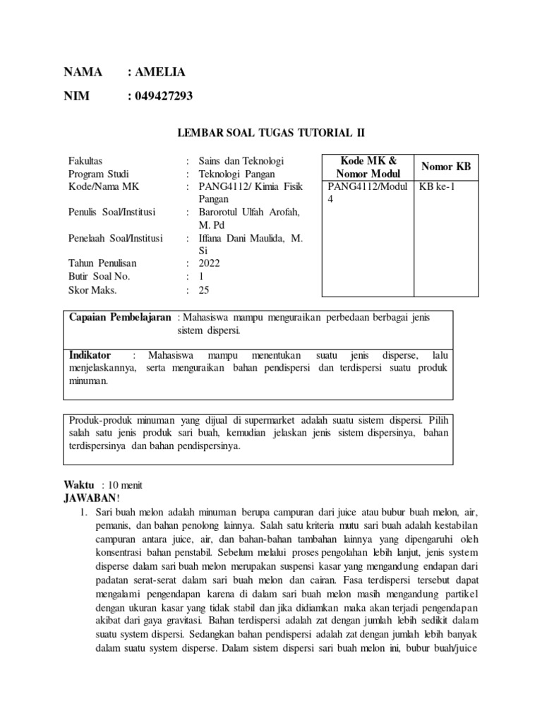 Tugas 2 Kimia Fisik Pangan - Amelia - 049427293 | PDF