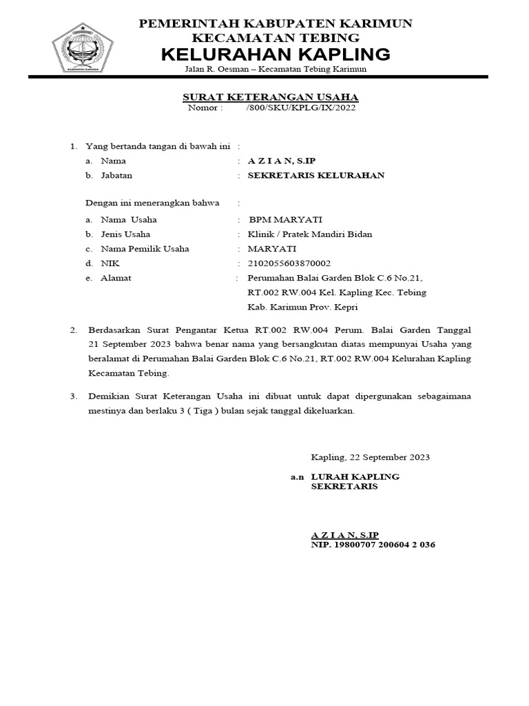 Surat Keterangan Usaha - (SKU) | PDF