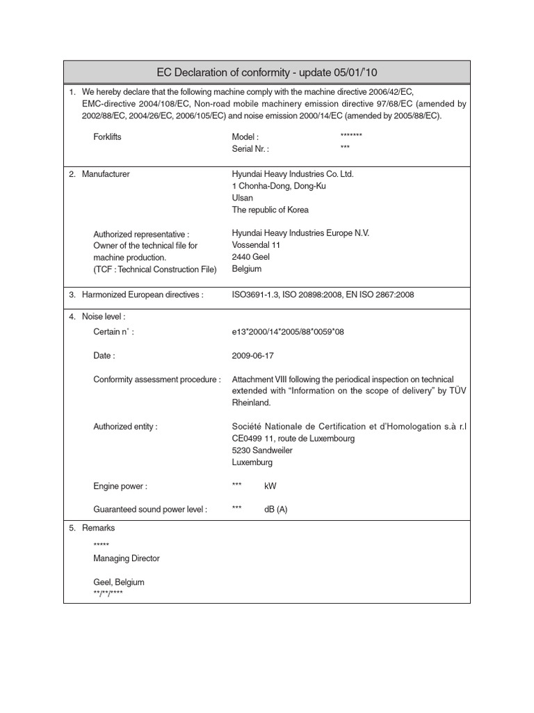 EC Declaration of Conformity - Update 05/01/'10 | PDF | Forklift | Elevator