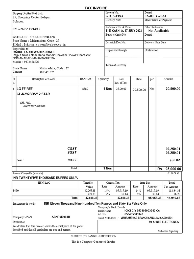Tax Invoice for LG Refrigerator Sale | PDF | Invoice | Money