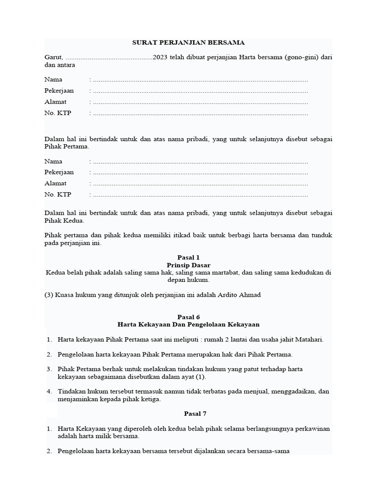 Surat Perjanjian Harta Gono-Gini | PDF