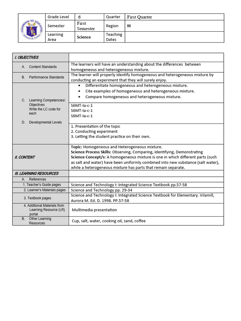 Valenzuela Maria Cristina Beed 2a Detailed Lesson Plan | PDF | Mixture | Homogeneity And ...