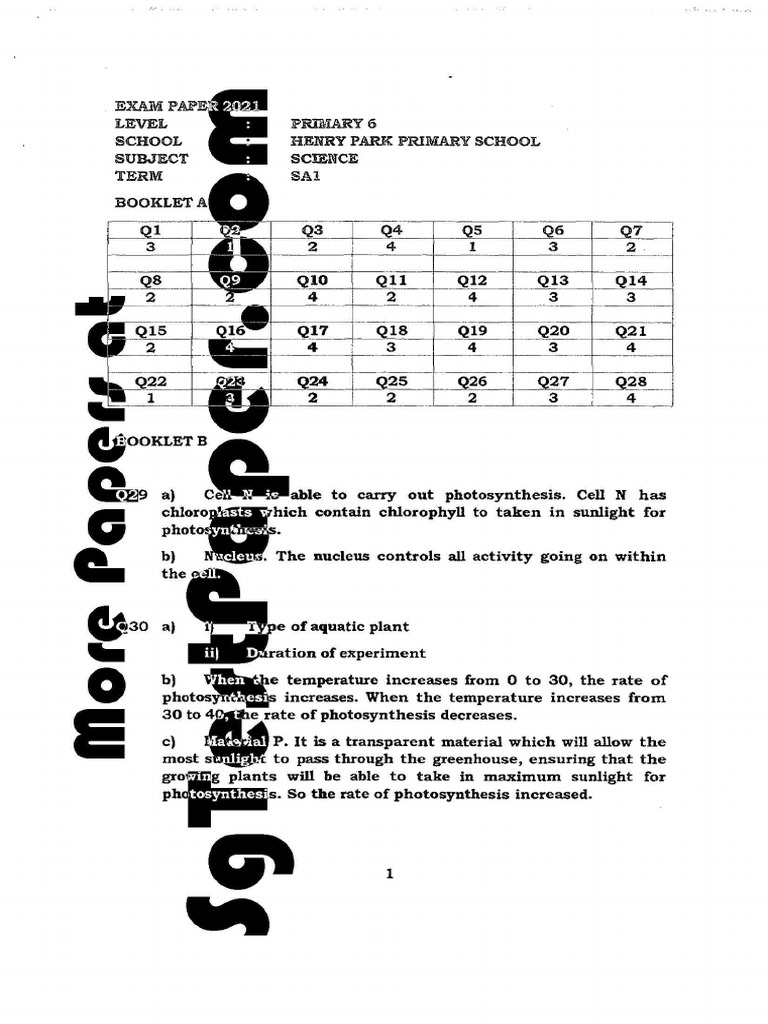 2021 P6 Science SA1 Henry Park Answer | PDF