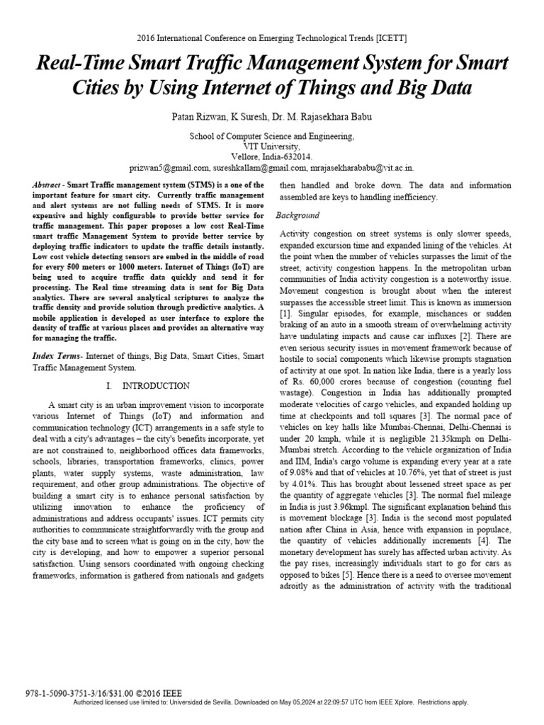 Real-Time Smart Traffic Management System For Smart Cities | PDF | Internet Of Things | Traffic