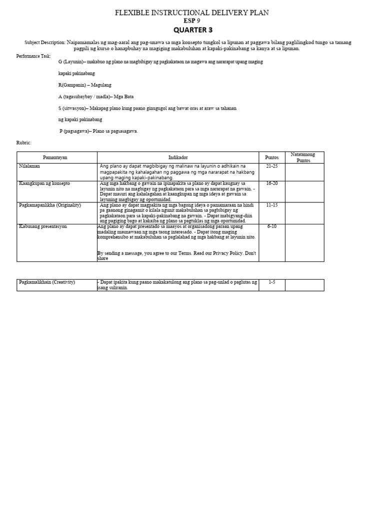 FLEXIBLE INSTRUCTIONAL DELIVERY PLAN Grade 9 - 3rd&4th Quarter | PDF