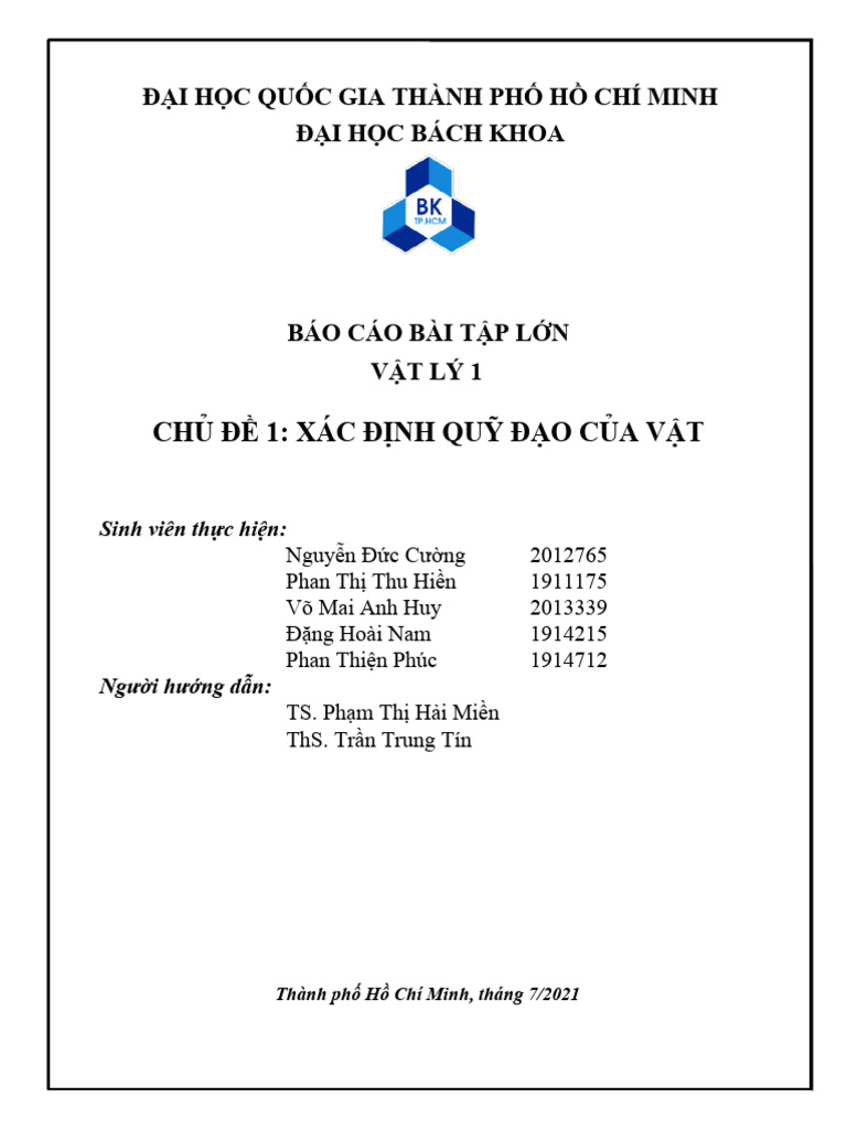 Báo cáo - BTL Vật Lý 1 - HK203 - Nhóm 1 - DT07 | PDF