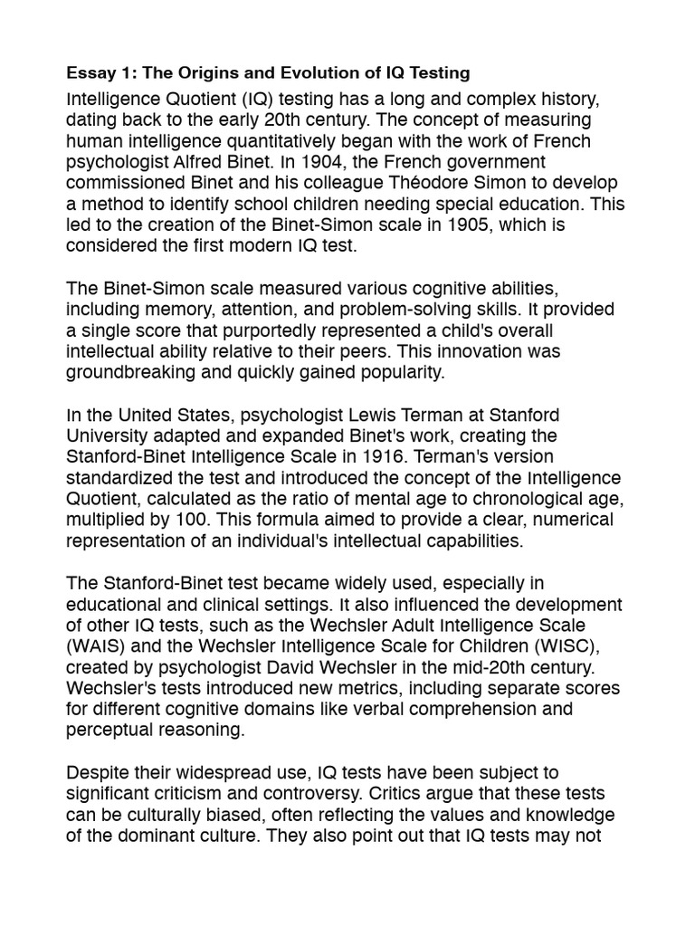 Essay 1: The Origins and Evolution of IQ Testing | Download Free PDF ...