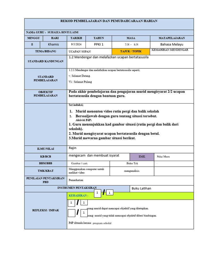 RPH HARI KHAMIS MINGGU 8 Pendidikan Khas Masalah Pendengaran Tahun 5 | PDF