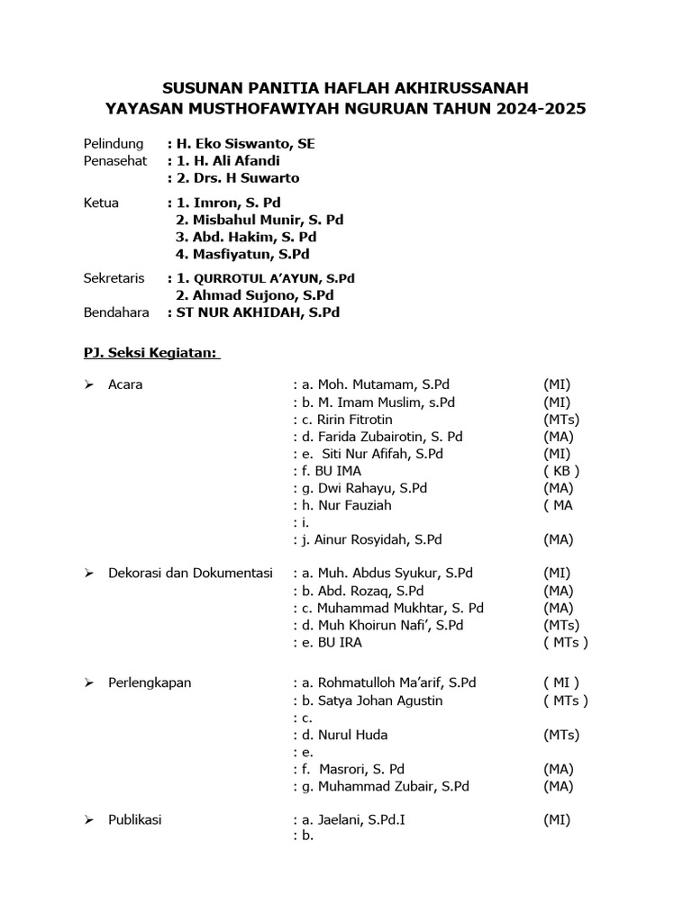 Susunan Panitia Haflah Akhirussanah 2024 2025 | PDF