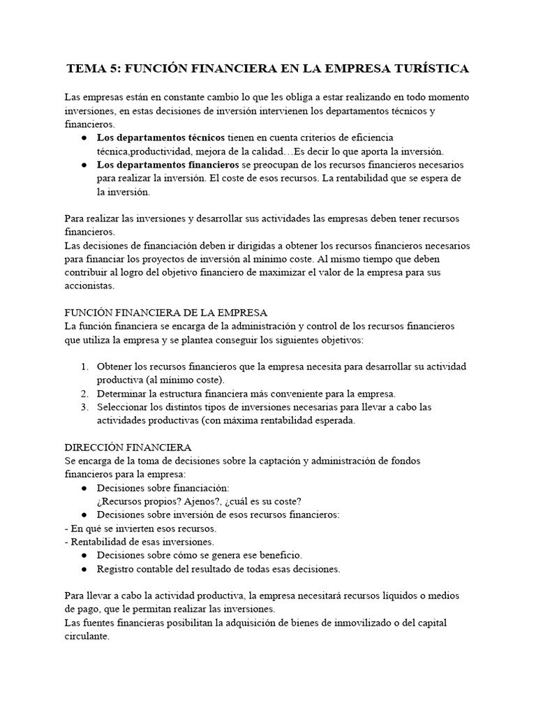 Tema 5 - Función Financiera en La Empresa Turística - Documentos de Google | Descargar gratis ...