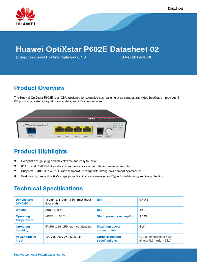 Huawei OptiXstar P602E Datasheet 02 | PDF | Ip Address | Internet Architecture