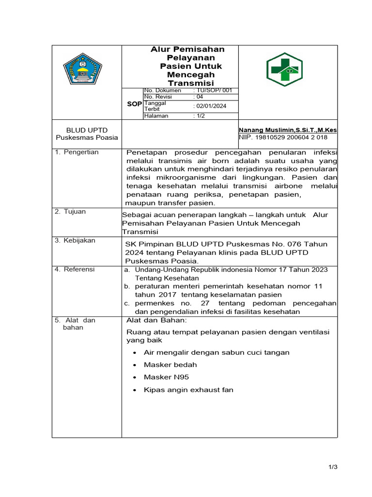 Sop Alur Pemisahan Pelayanan Pasien Untuk | PDF