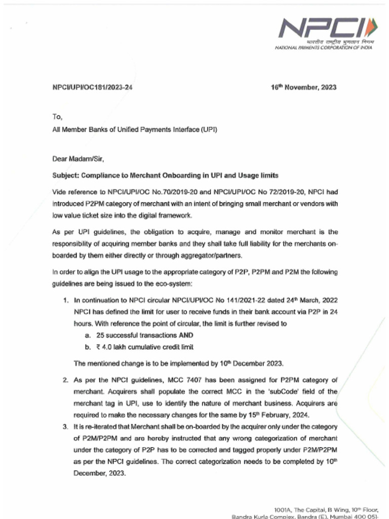 NPCI UPI OC 181 Compliance To Merchant Onboarding in UPI and Usage ...
