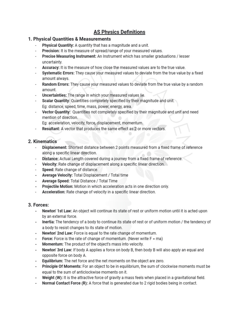 AS Physics Definitions (Final) | PDF | Force | Waves