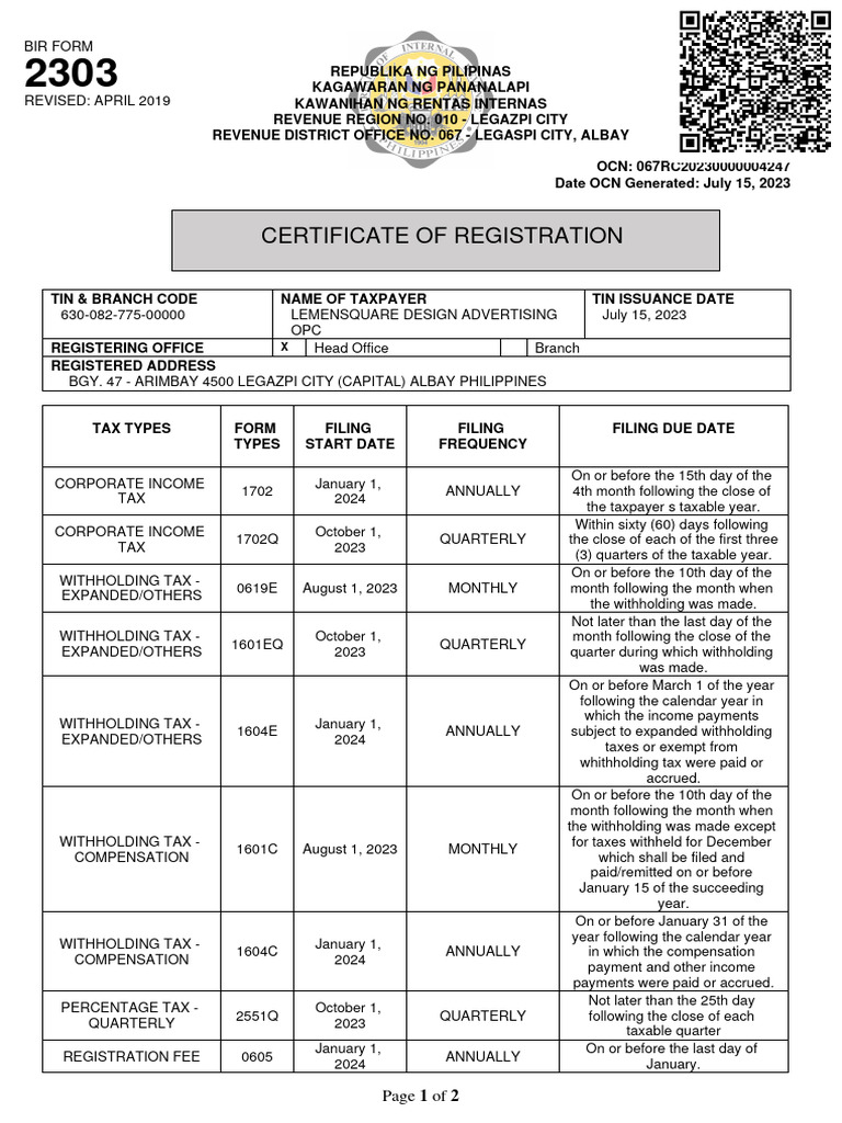 Certificate of Registration (COR) | Download Free PDF | Taxes ...