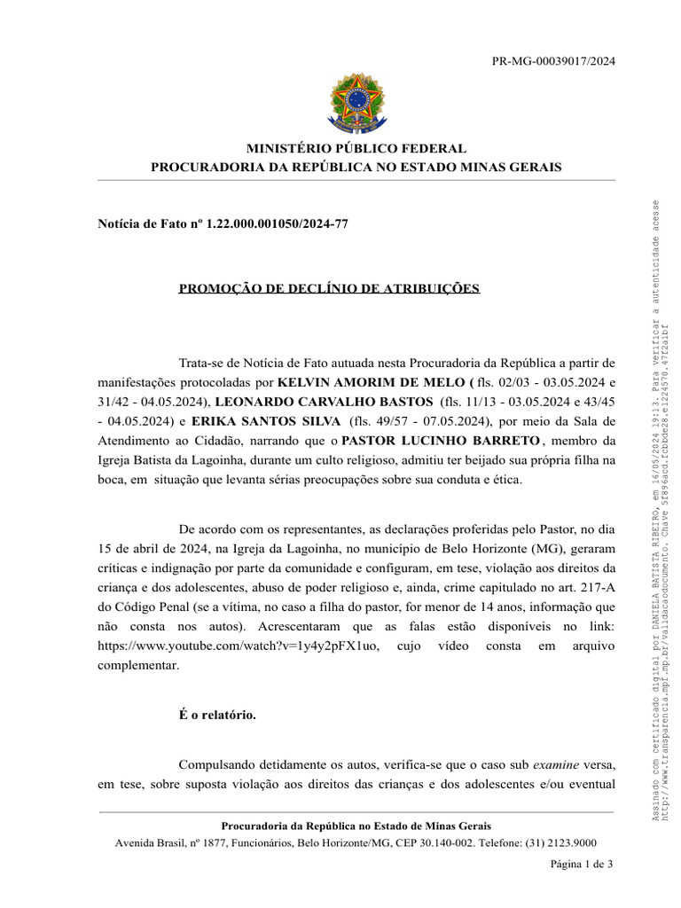 Pastor Lucinho Barreto Igreja Da Lagoinha Declinio NF 1.22.000.001050 ...