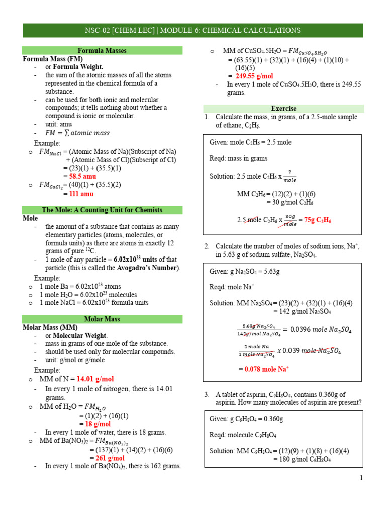 M6 - Chemical Calculations | PDF | Mole (Unit) | Molecules