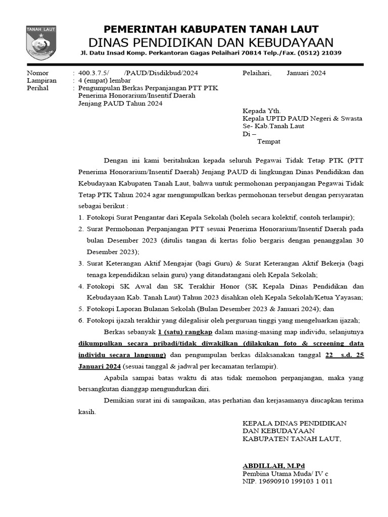 01 Surat Perpanjangan Berkas Insentif 2024 Paud | PDF