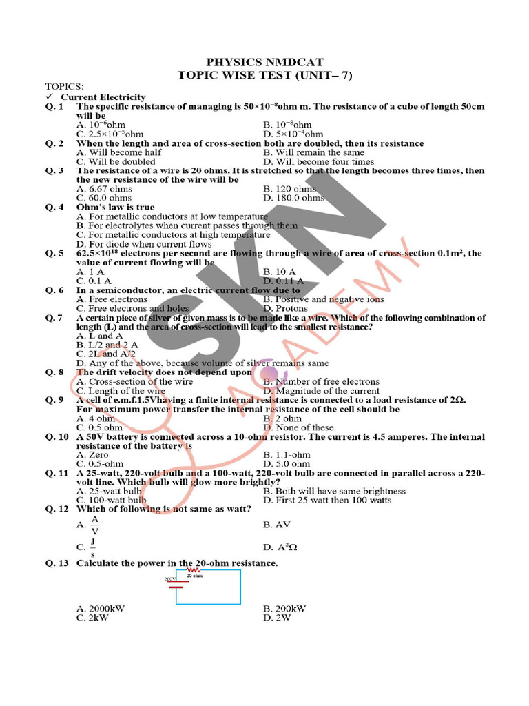 Current Electricty 330 Mcqs Worksheet 2021 by SKN | PDF